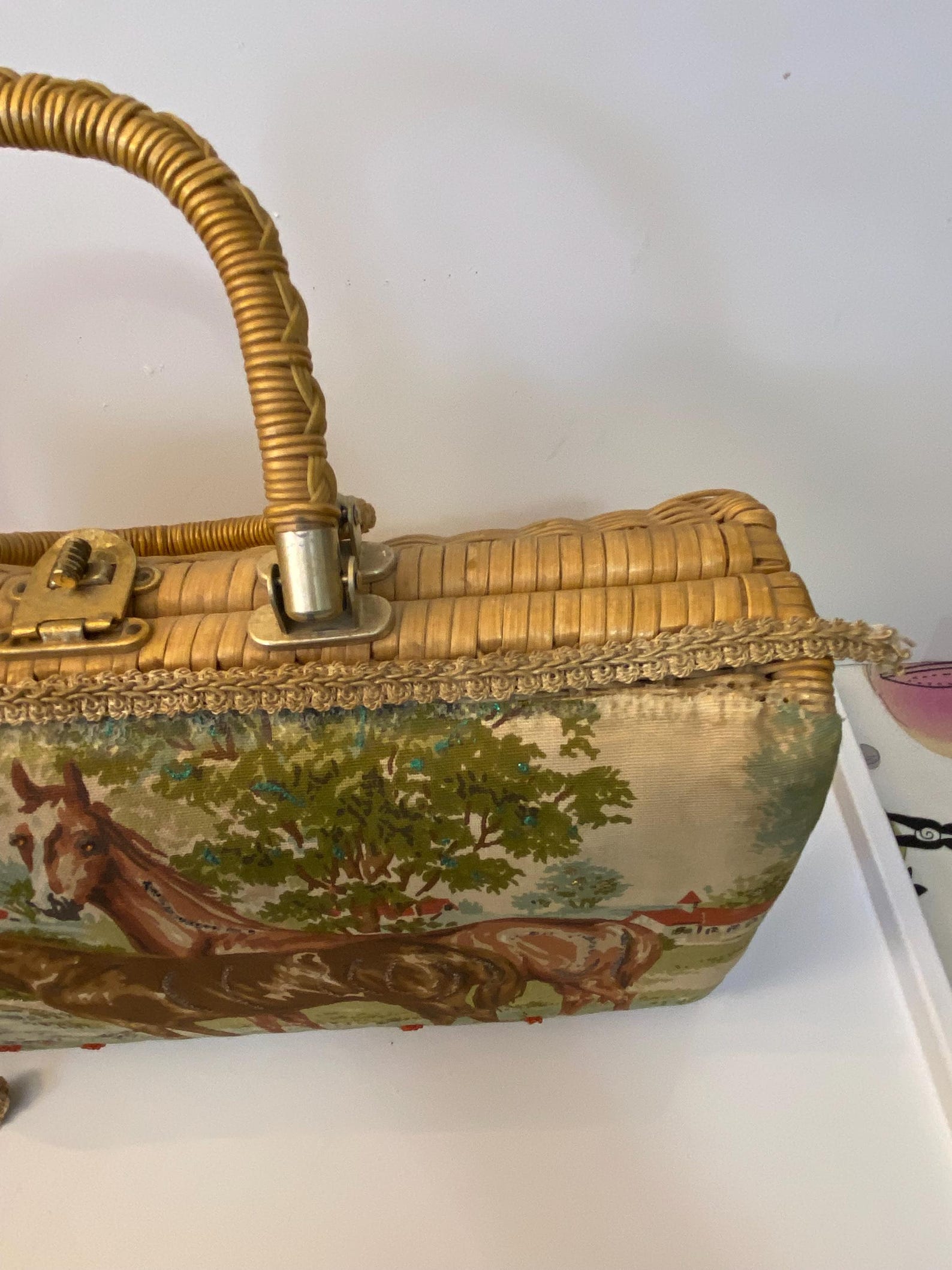 Rare 1950s Wicker Purse With Fabric Horse Scene and Glitter and Bead ...