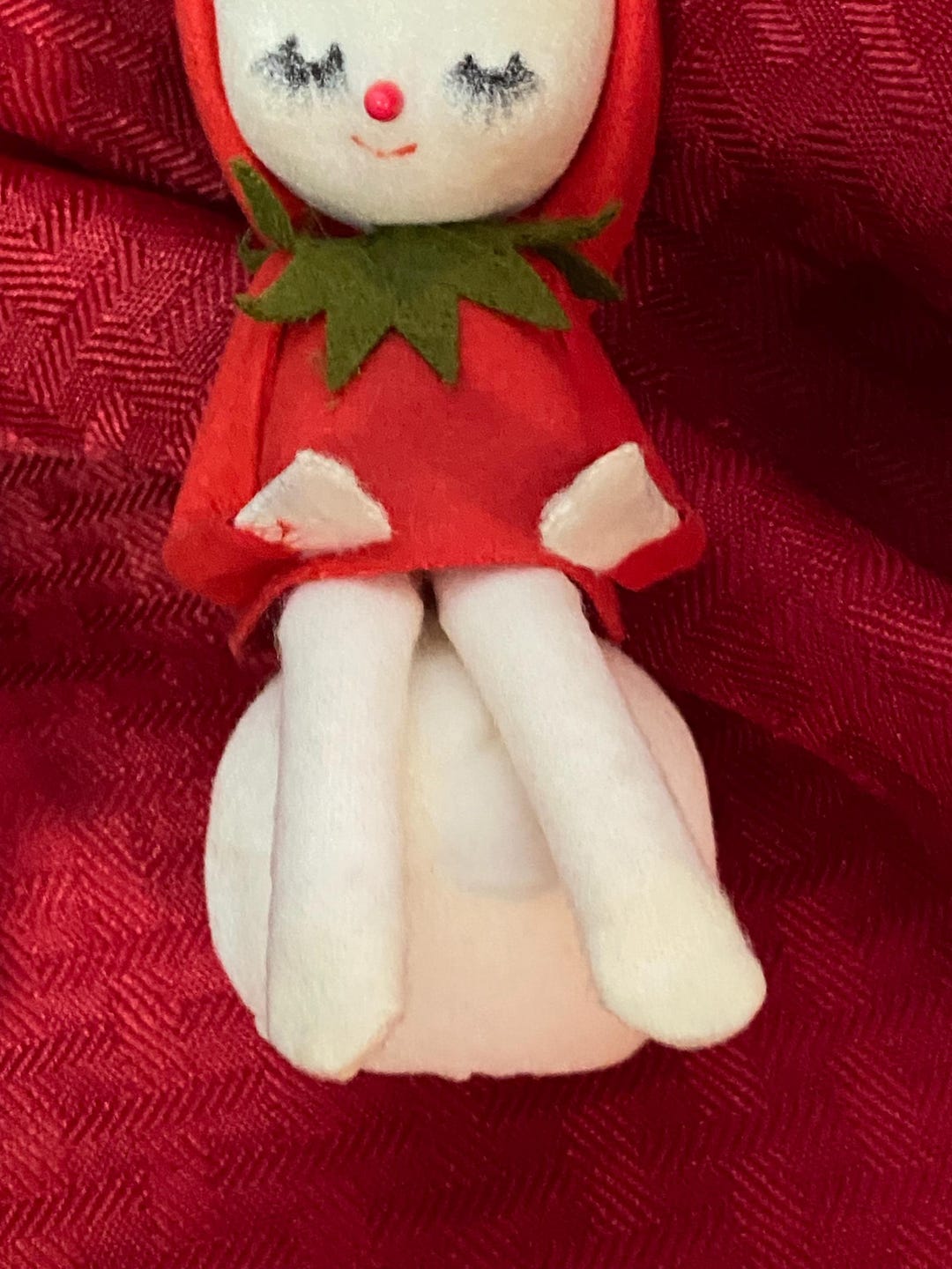 Kitschy Red Felt Clothed Child Sitting on a Snowball. Made in Japan ...