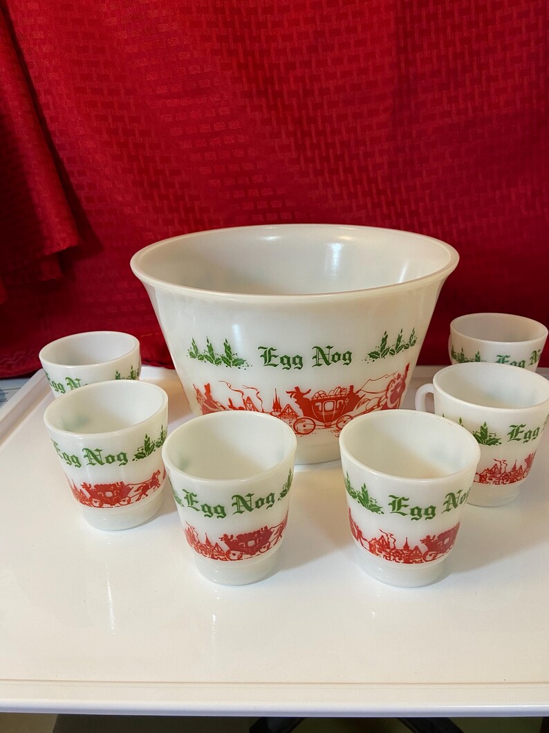 1950s Hazel Atlas Currier and Ives Themed Egg Nog Bowl With 6 Mugs ...