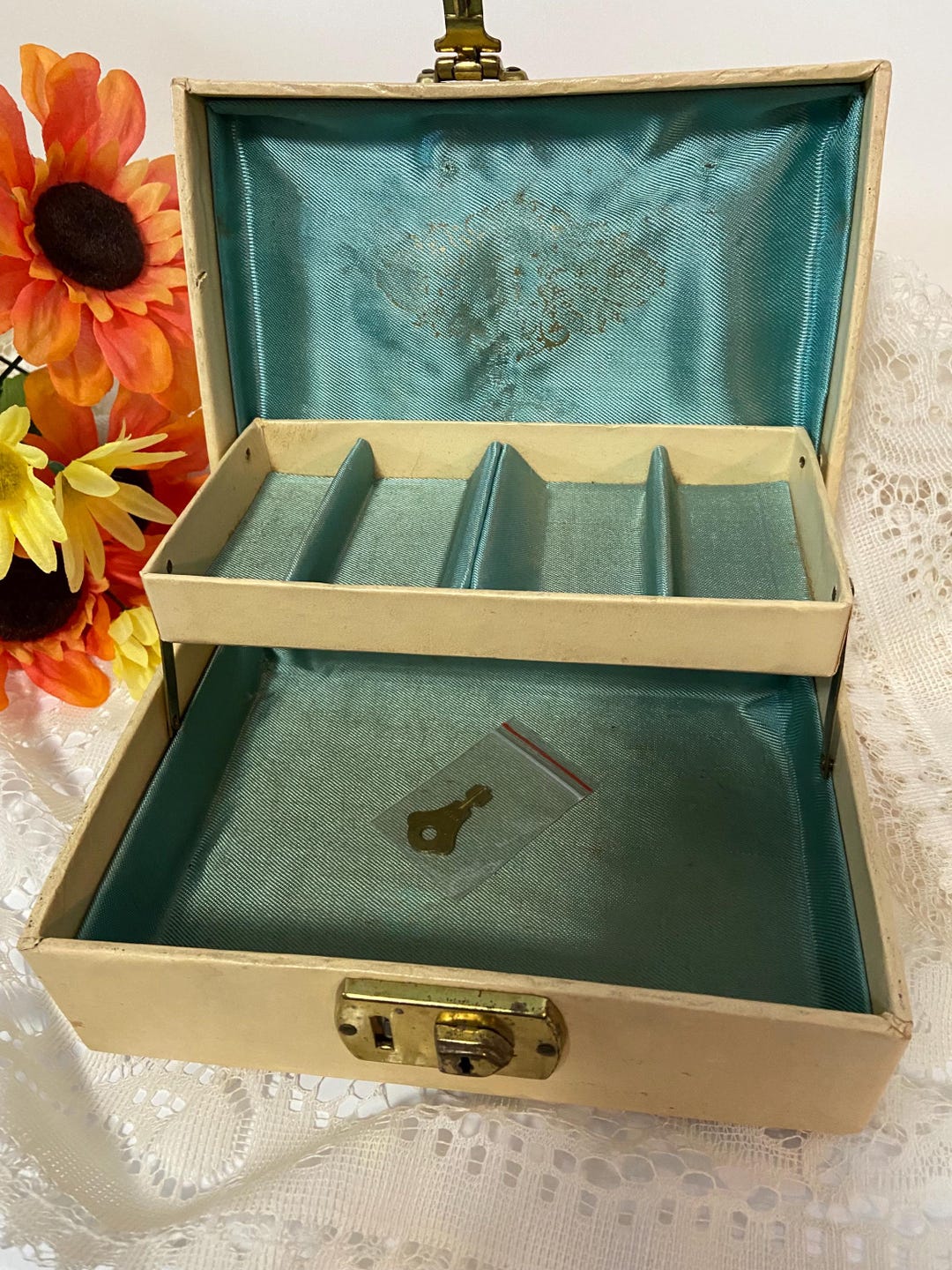 Vintage Hinged Locking Jewelry Box, 2 Tier, WITH KEY. Blue Satin Lining ...