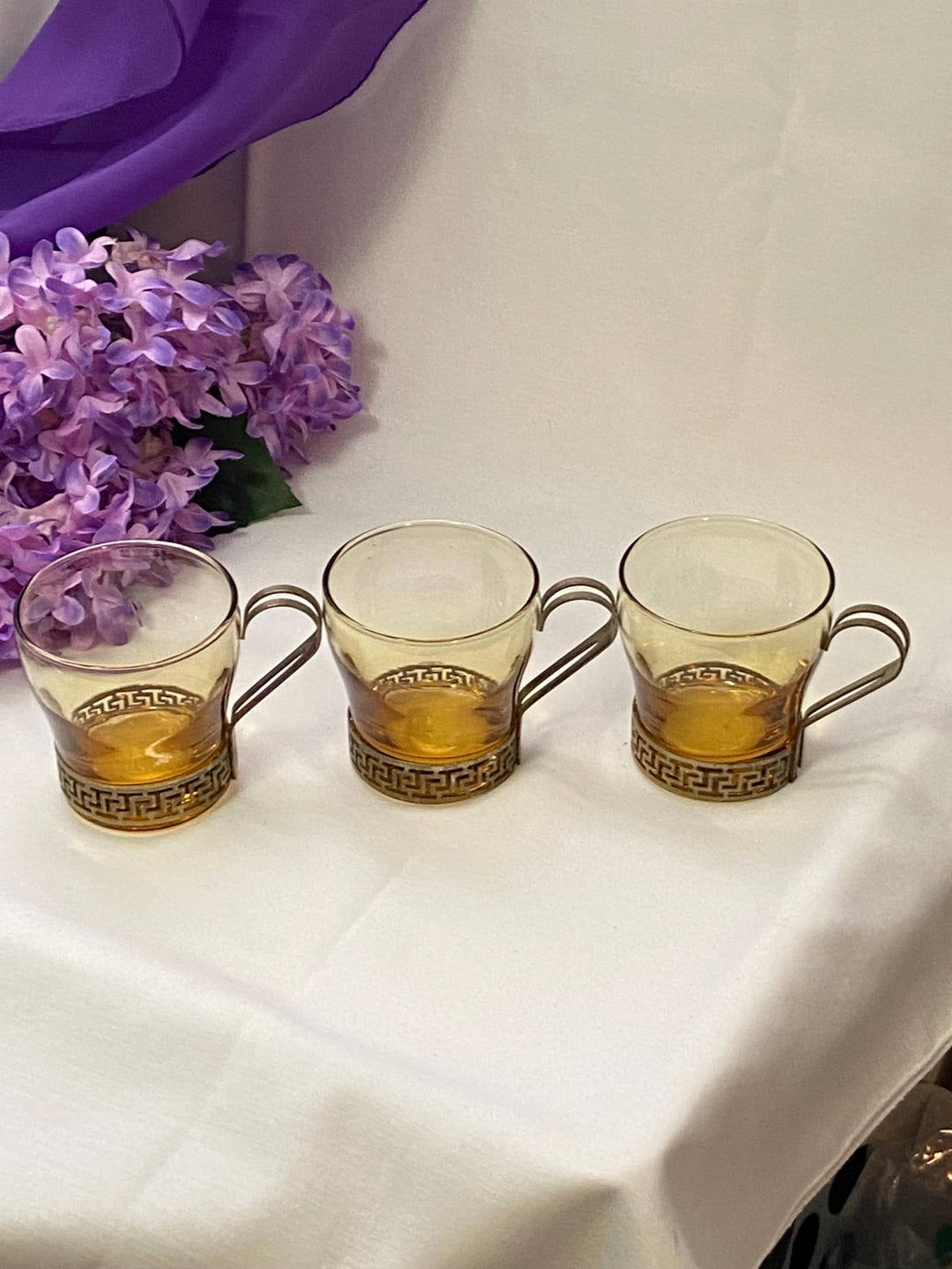 Vintage Libby Amber Glass Coffee Cups, Greek Key Metal Holders - Set of ...