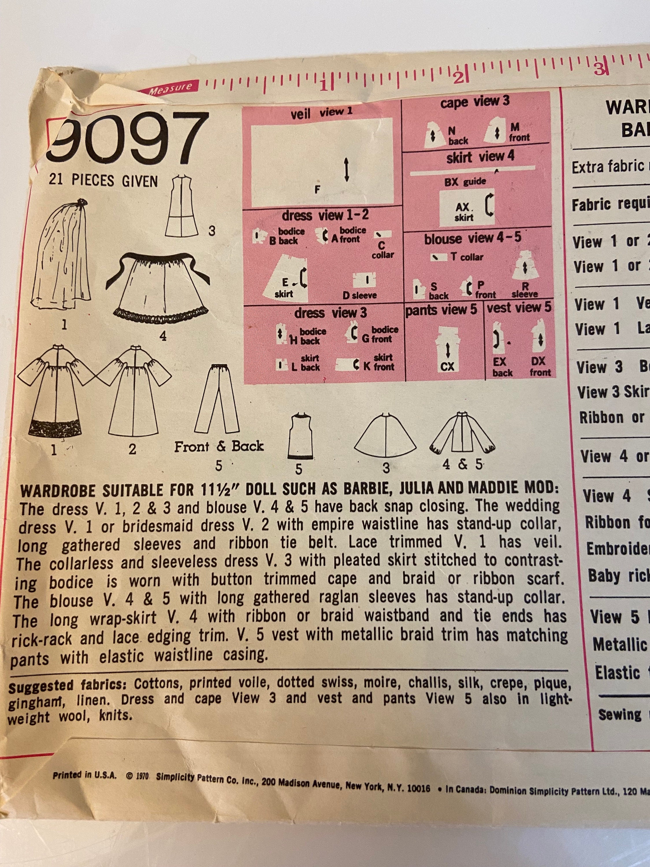 Barbie Wardrobe Sewing Pattern. Simplicity 9097. Used, All Pieces Here ...