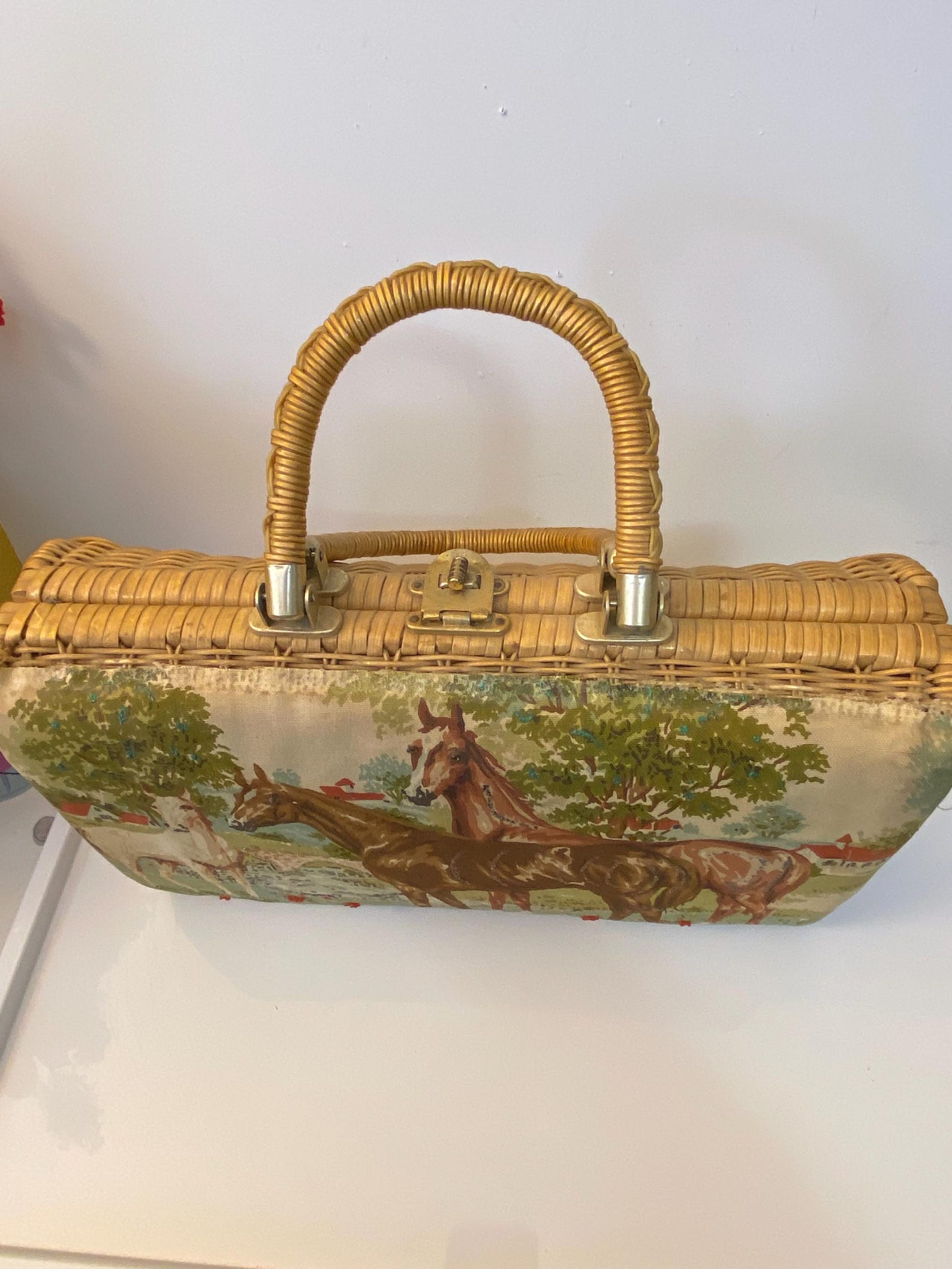 Rare 1950s Wicker Purse With Fabric Horse Scene and Glitter and Bead ...