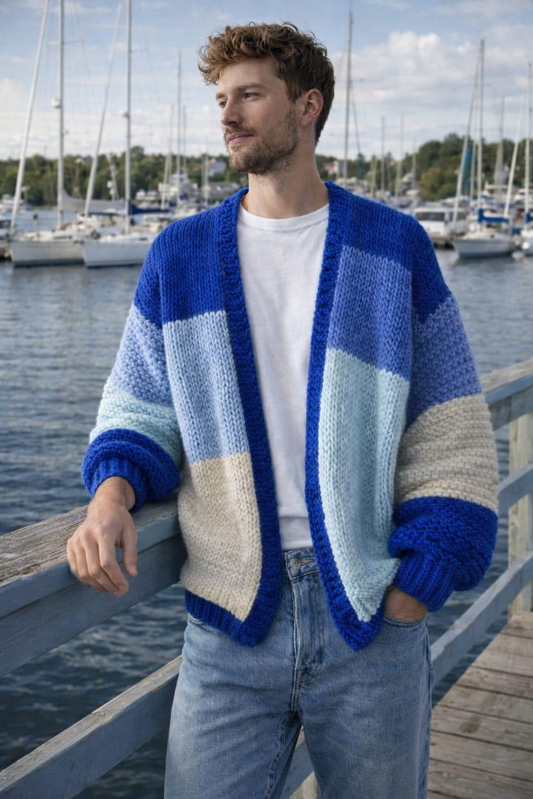 Sailor Men Cardigan, Hand Knit Cozy Retro Cardigan for Men, Nautical ...