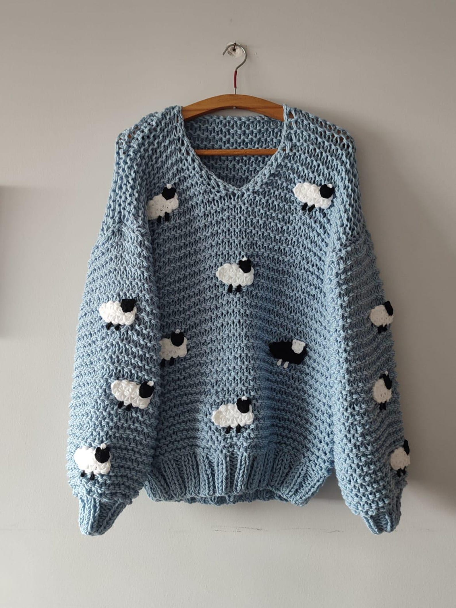 Chunky Sheep Sweater Men, Handmade Knit Pullover, Cozy Blue Wool Jumper ...