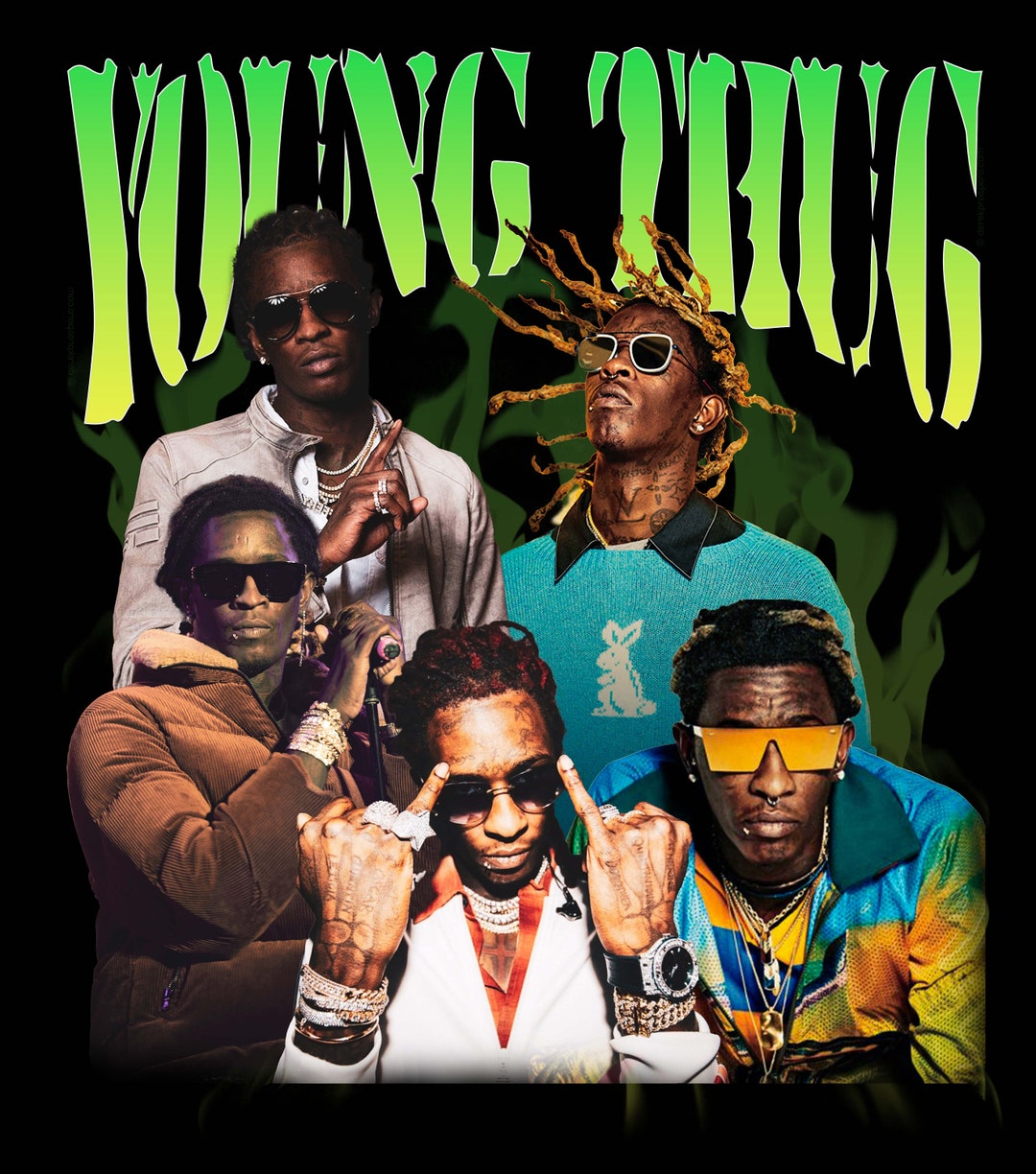 YOUNG THUG PNG Rap Tee Concert Merch Kanye Thugger Slime Season Green ...