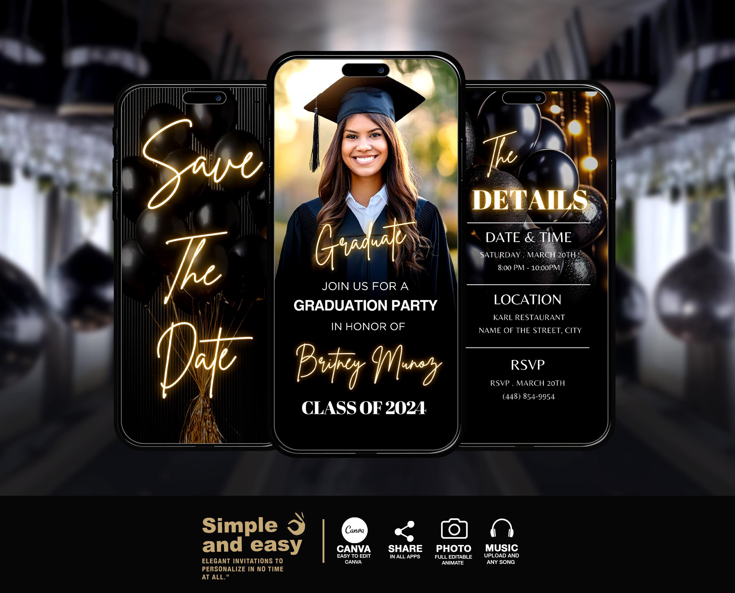 Black Graduation Invitation, Customizable Graduation Invitation for ...