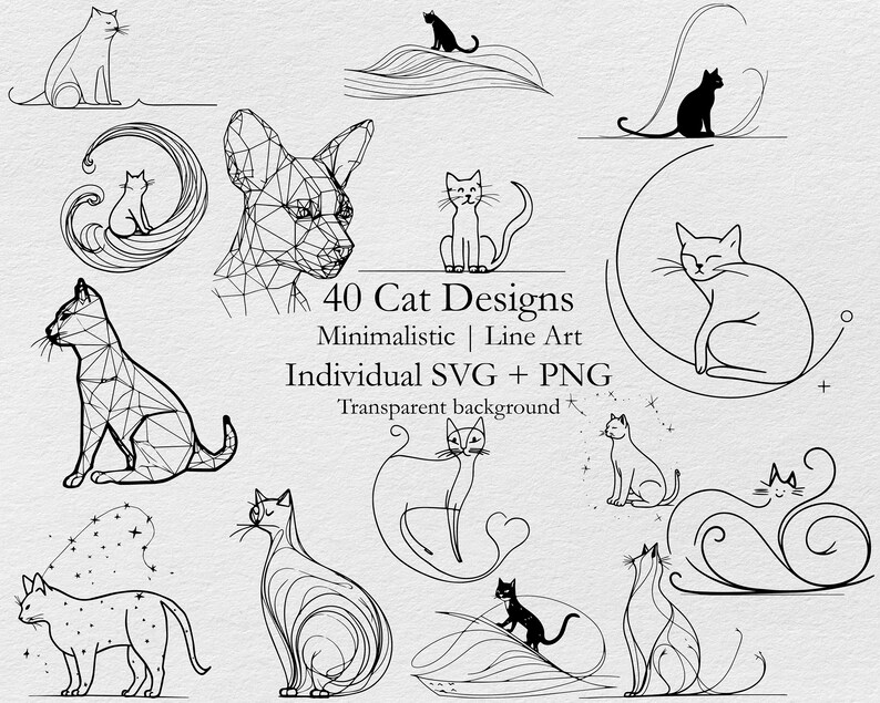 40 Cat Designs Svg Bundle, Cat Clipart, Kitten, Minimalistic Cat Tattoo ...