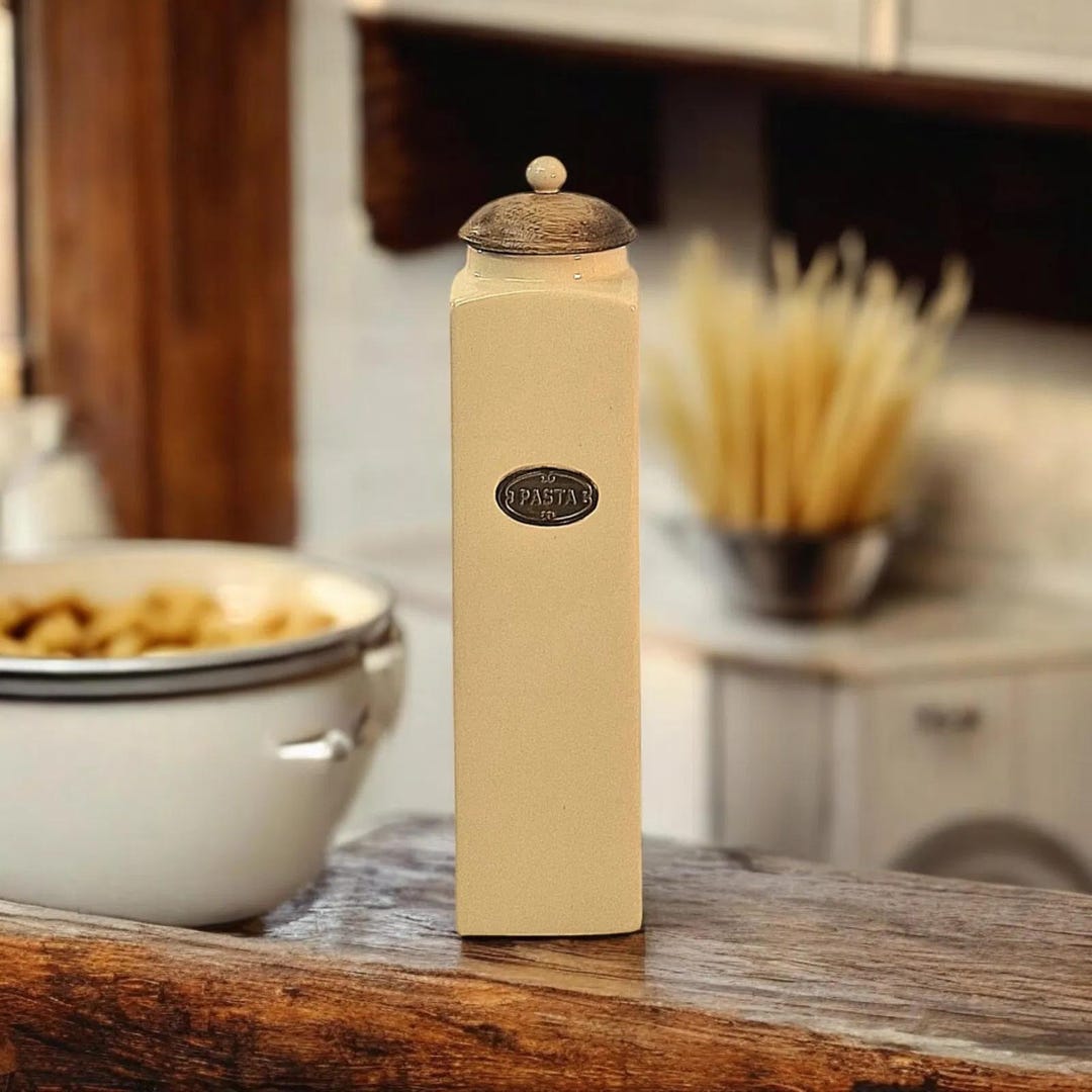 Ceramic Pasta Jar With Mango Wood Lid in Cream - Etsy