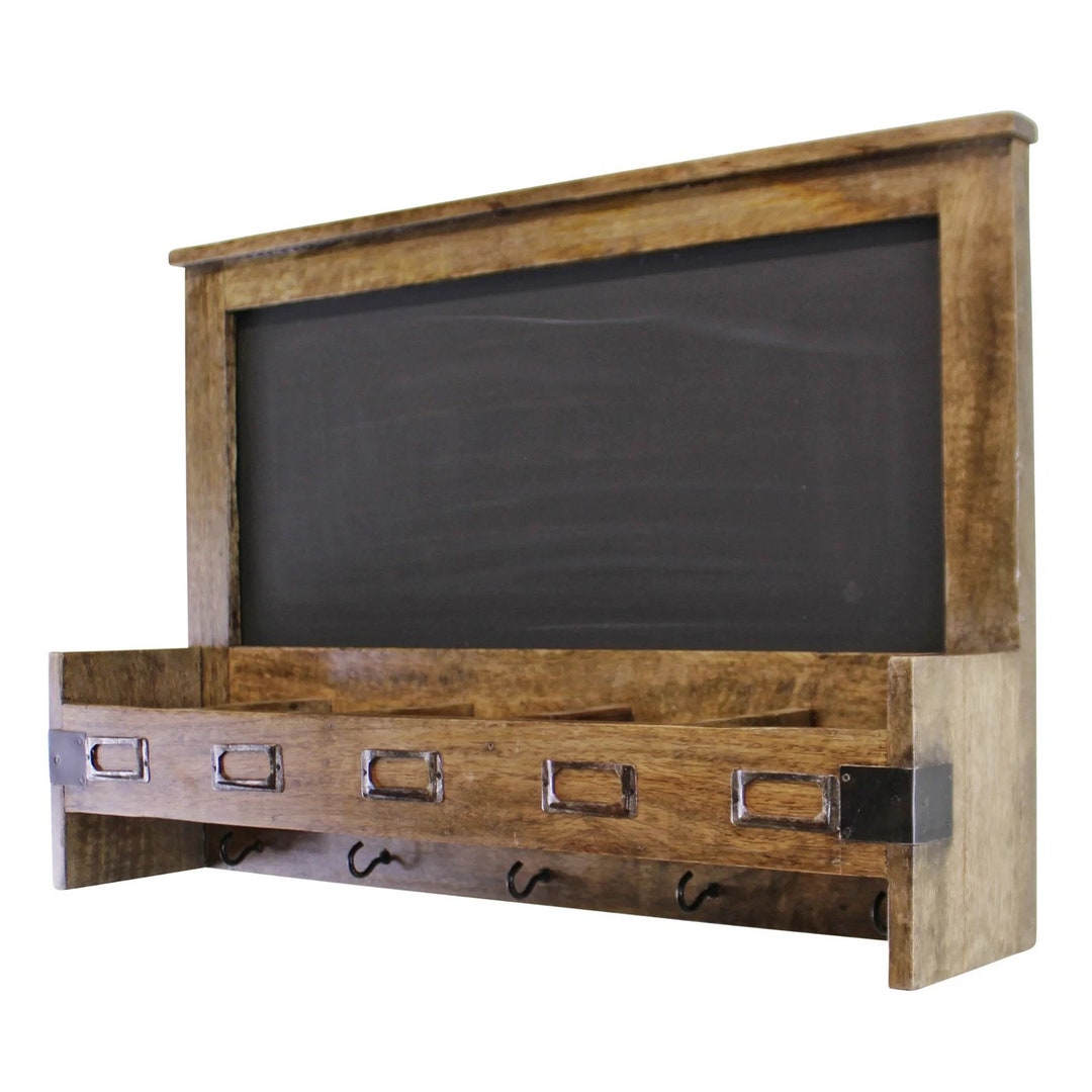 Blackboard Display Shelf With Storage and Key Hooks in Solid Mango Wood ...