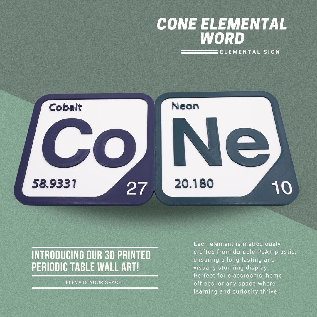 3D Printed Periodic Table Word Signs 'CONE' cobalt Neon 5.63 in X 5.63 ...