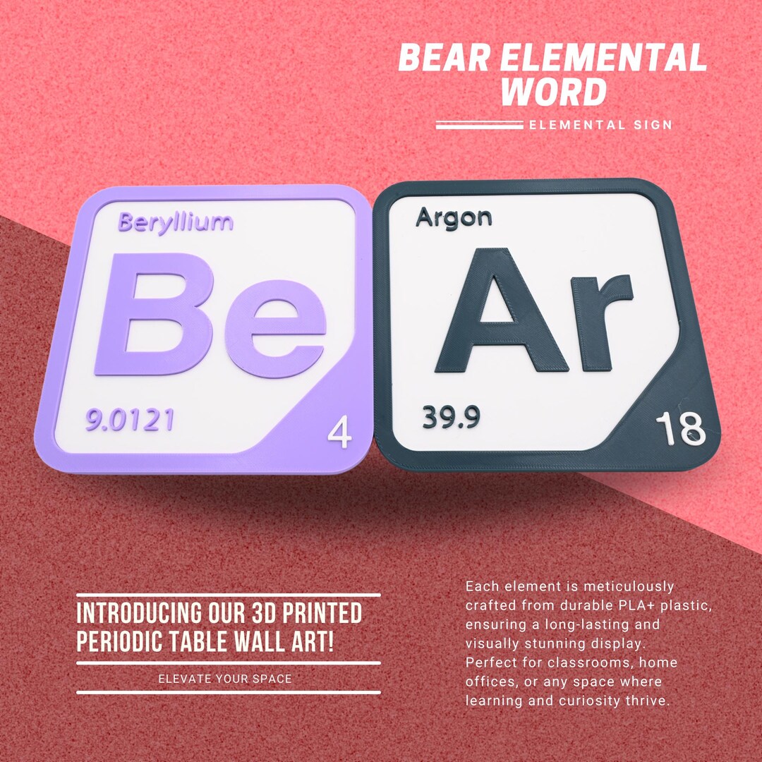3D Printed Periodic Table Word Signs 'BEAR' beryllium Argon 5.63 in X 5 ...