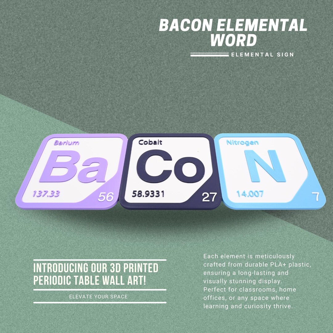3D Printed Periodic Table Word Signs 'BACON' barium Cobalt Nitrogen 5. ...
