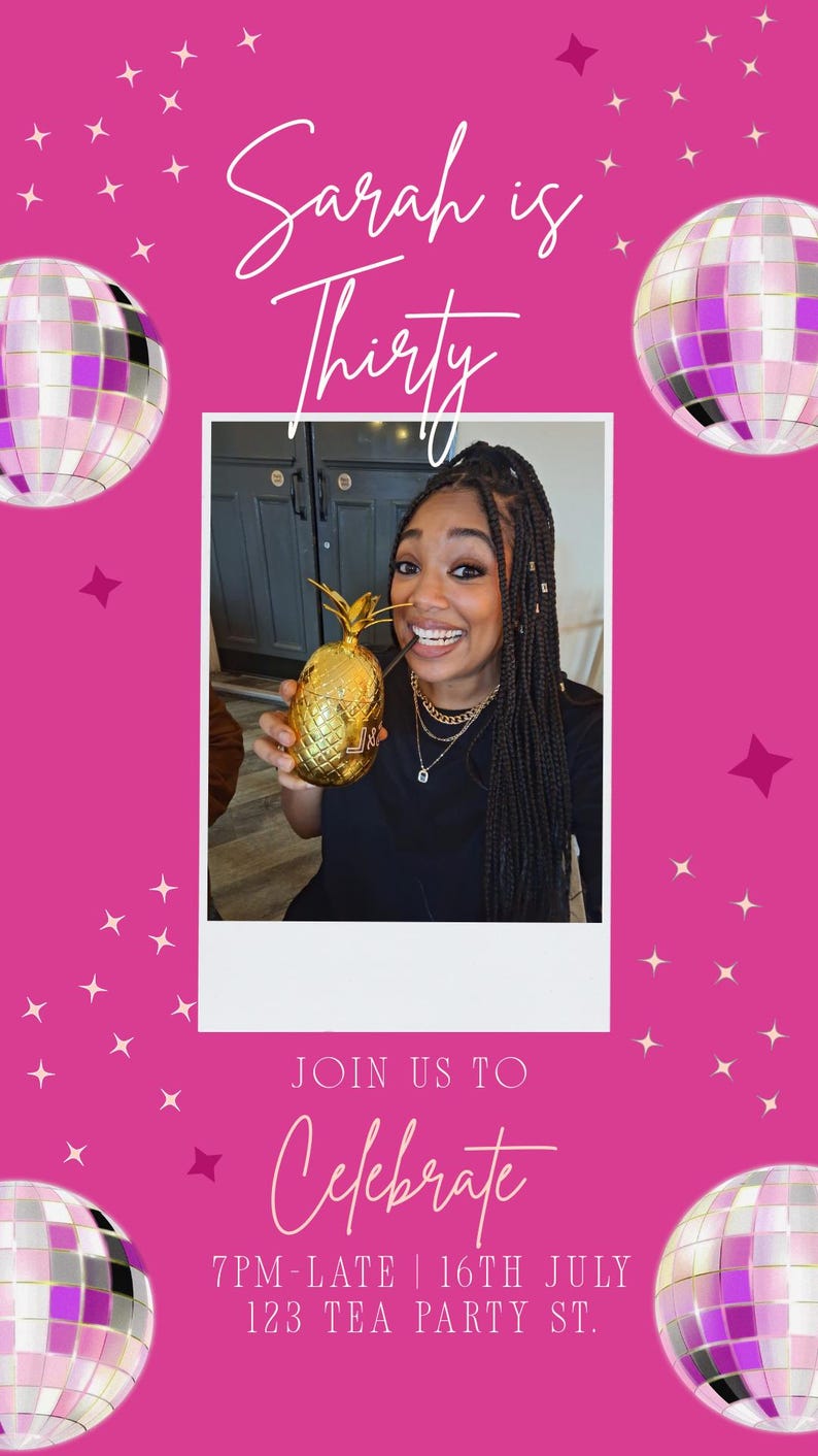 Pink Disco Glitter Birthday Invitation | Editable Canva Template ...