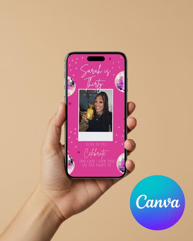 Pink Disco Glitter Birthday Invitation | Editable Canva Template ...
