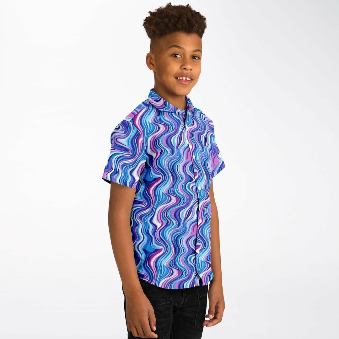Kids Wavy Line Button-up Shirt: Colorful Fun Poplin Polyester - Etsy