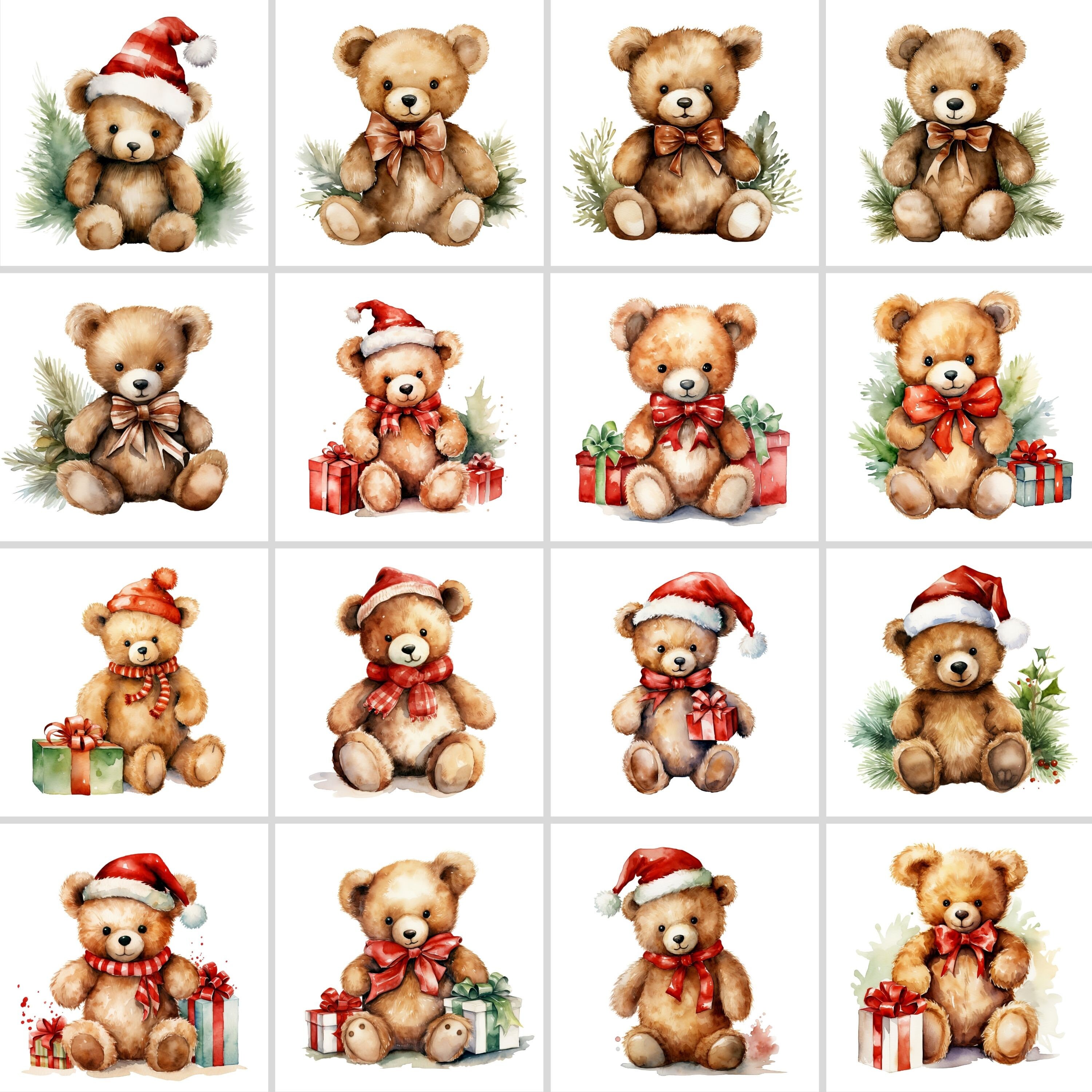 Teddy Bear Christmas Bundle Watercolor Christmas Teddy Bundle ...