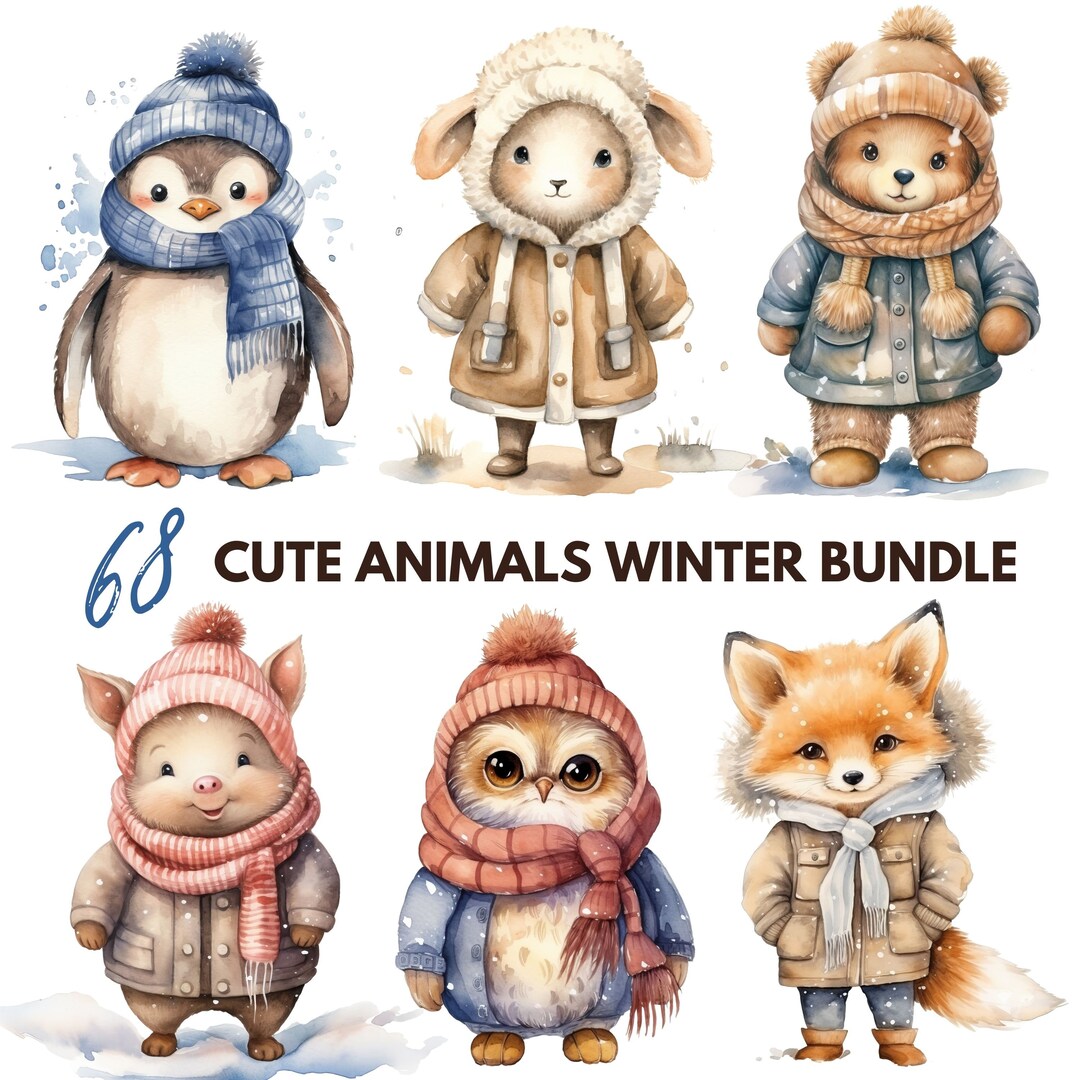 Cute Animals Winter Bundle Watercolor Animal Bundle Watercolour Cute ...
