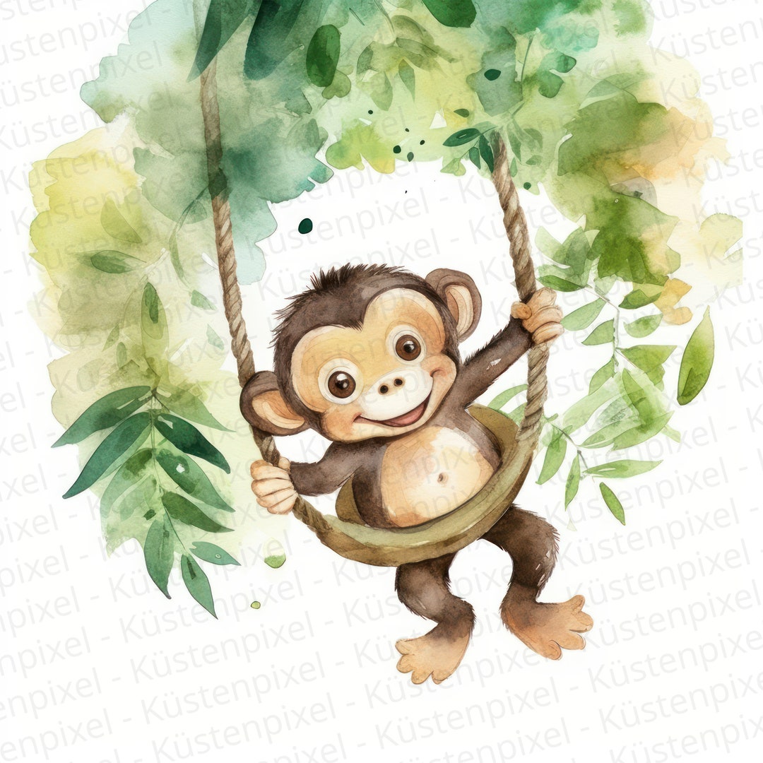 Monkey Watercolor Clipart, Nursery Decor, Hanging Monkey in Tree, Cute ...