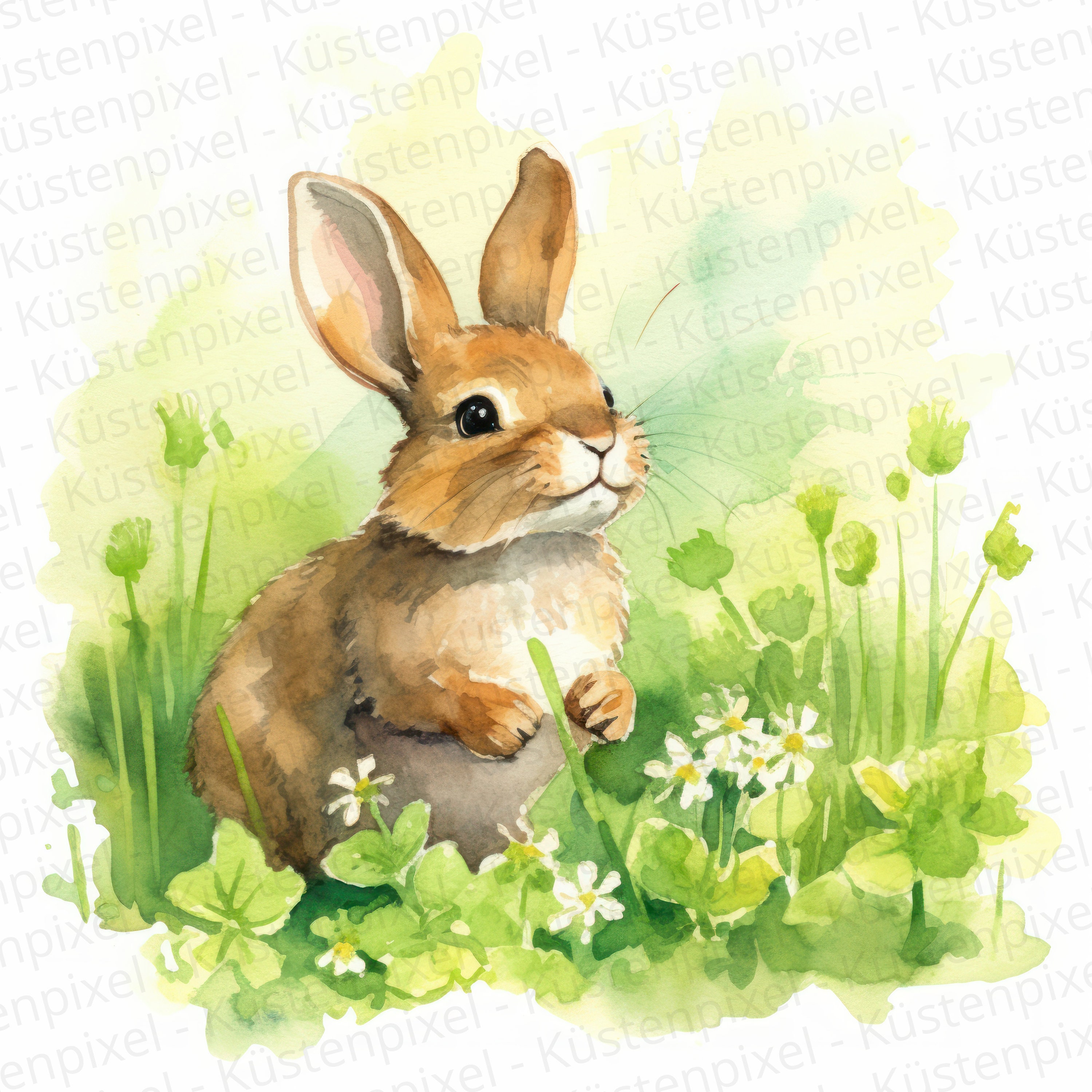 Rabbit Bunny Watercolor Clipart, Nursery Decor, Bunny With Grass, Cute ...