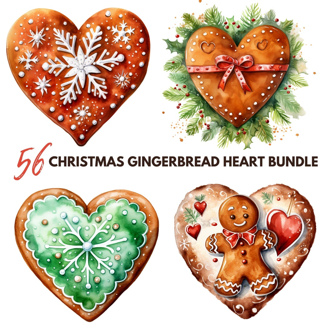 Gingerbread Hearts Bundle Watercolor Christmas Heart Bundle Watercolor ...
