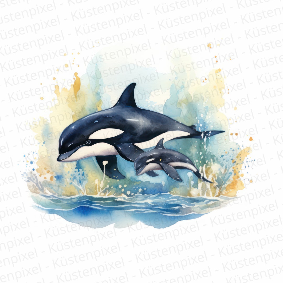 Orca Watercolor Clipart, Nursery Decor, Orca With Baby, Cute Baby ...