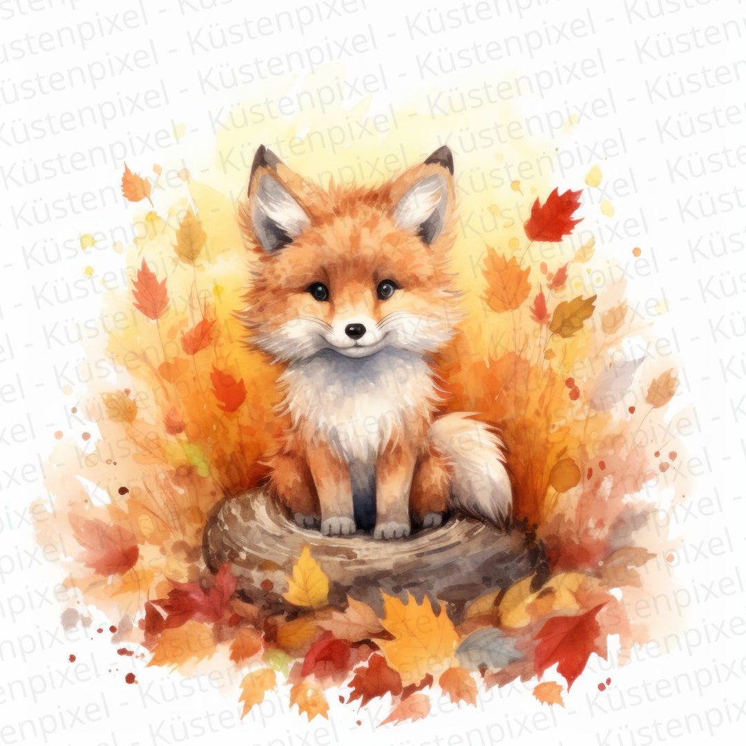 Fox Watercolor Clipart, Nursery Decor, Fox in Foliage, Cute Baby Animal ...