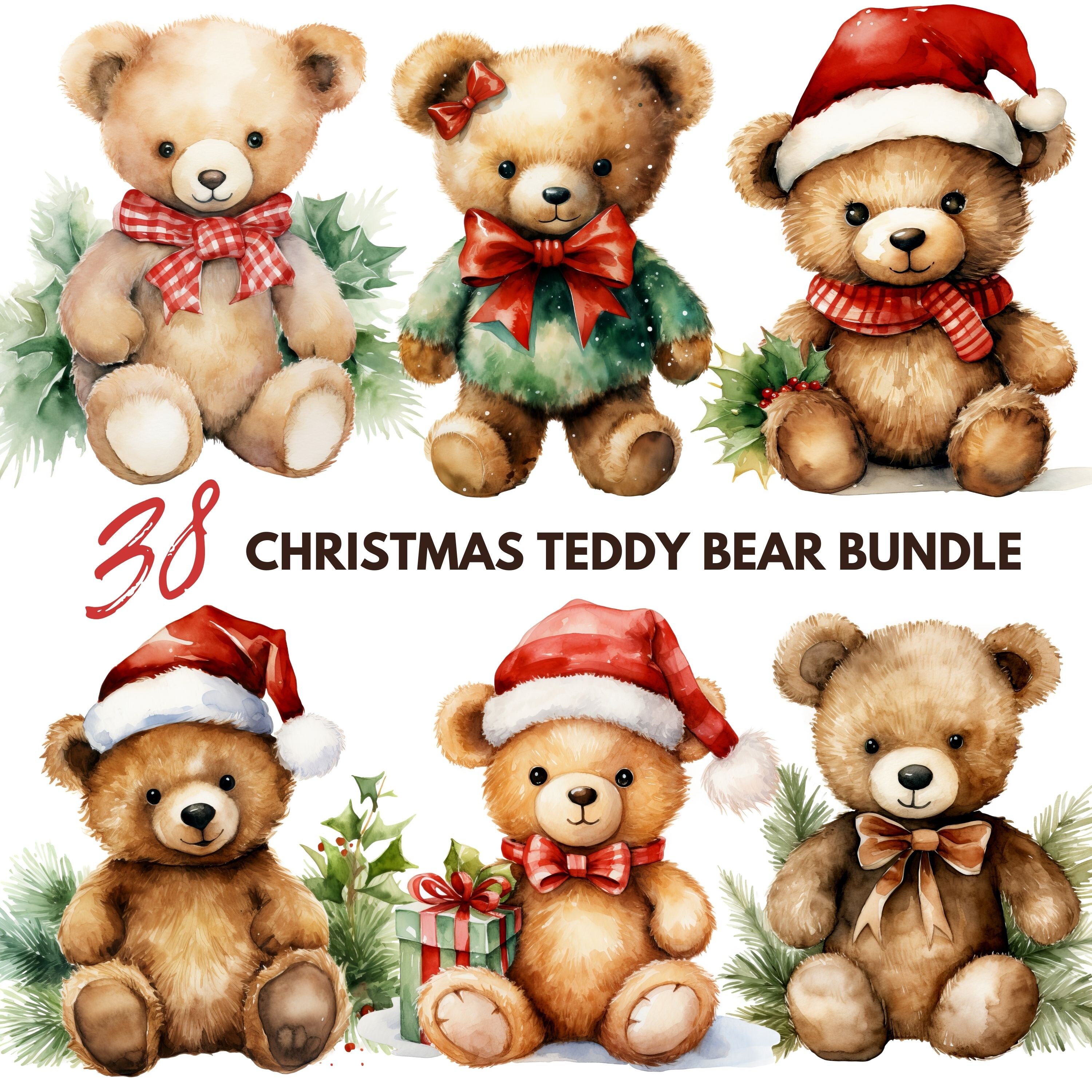 Teddy Bear Christmas Bundle Watercolor Christmas Teddy Bundle ...
