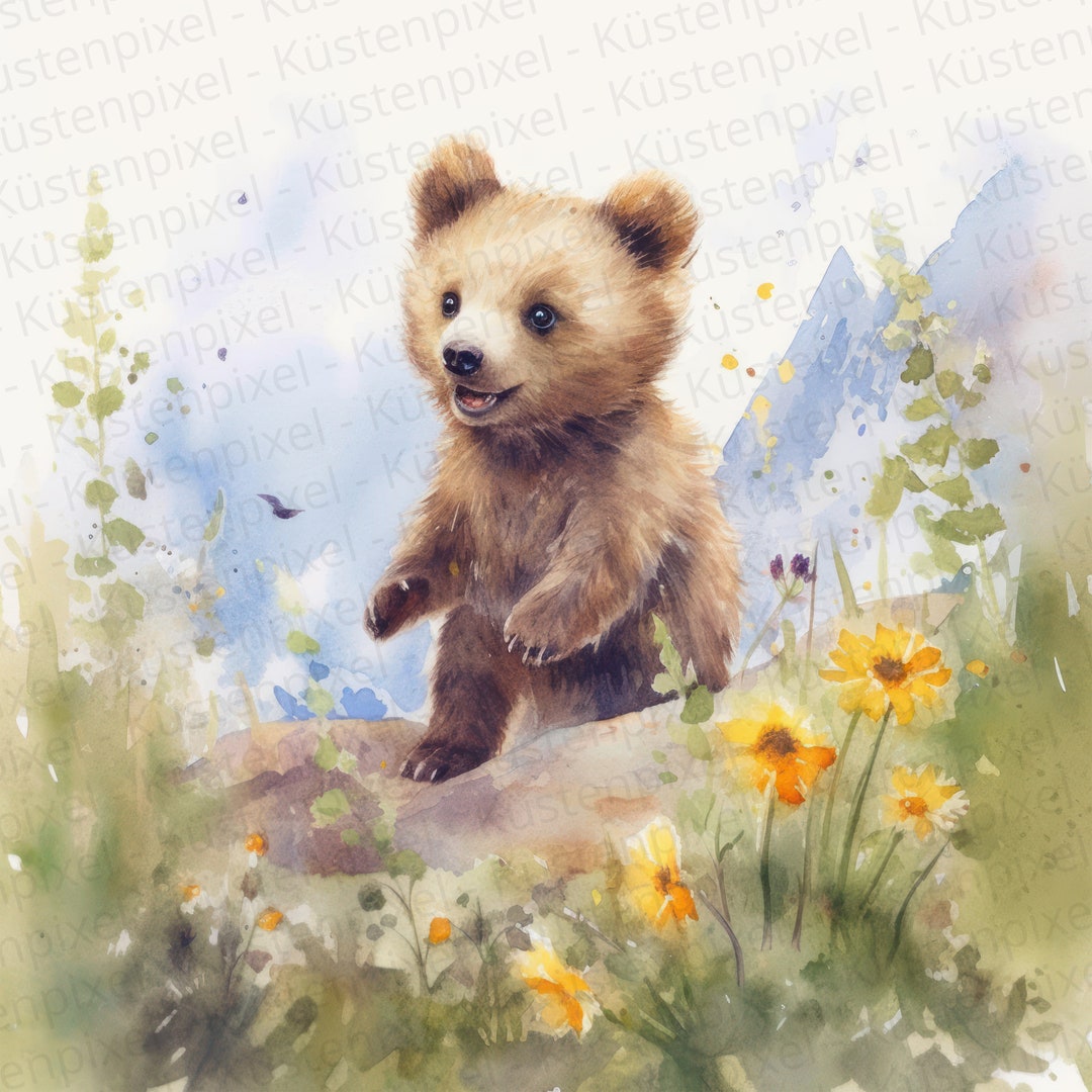 Bear Watercolor Clipart, Nursery Decor, Bear on Flower Meadow, Cute ...