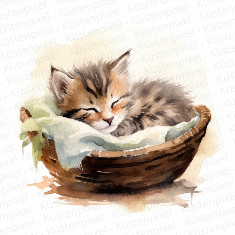 Cat Watercolor Clipart Nursery Decor Sleeping Cat in Basket - Etsy
