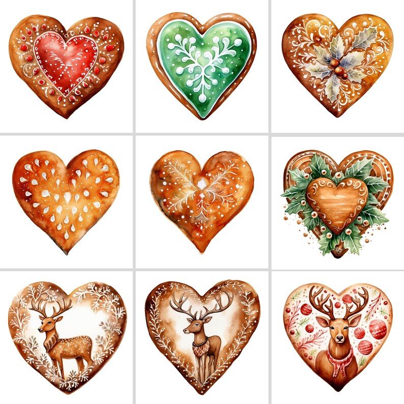 Gingerbread Hearts Bundle Watercolor Christmas Heart Bundle Watercolor ...
