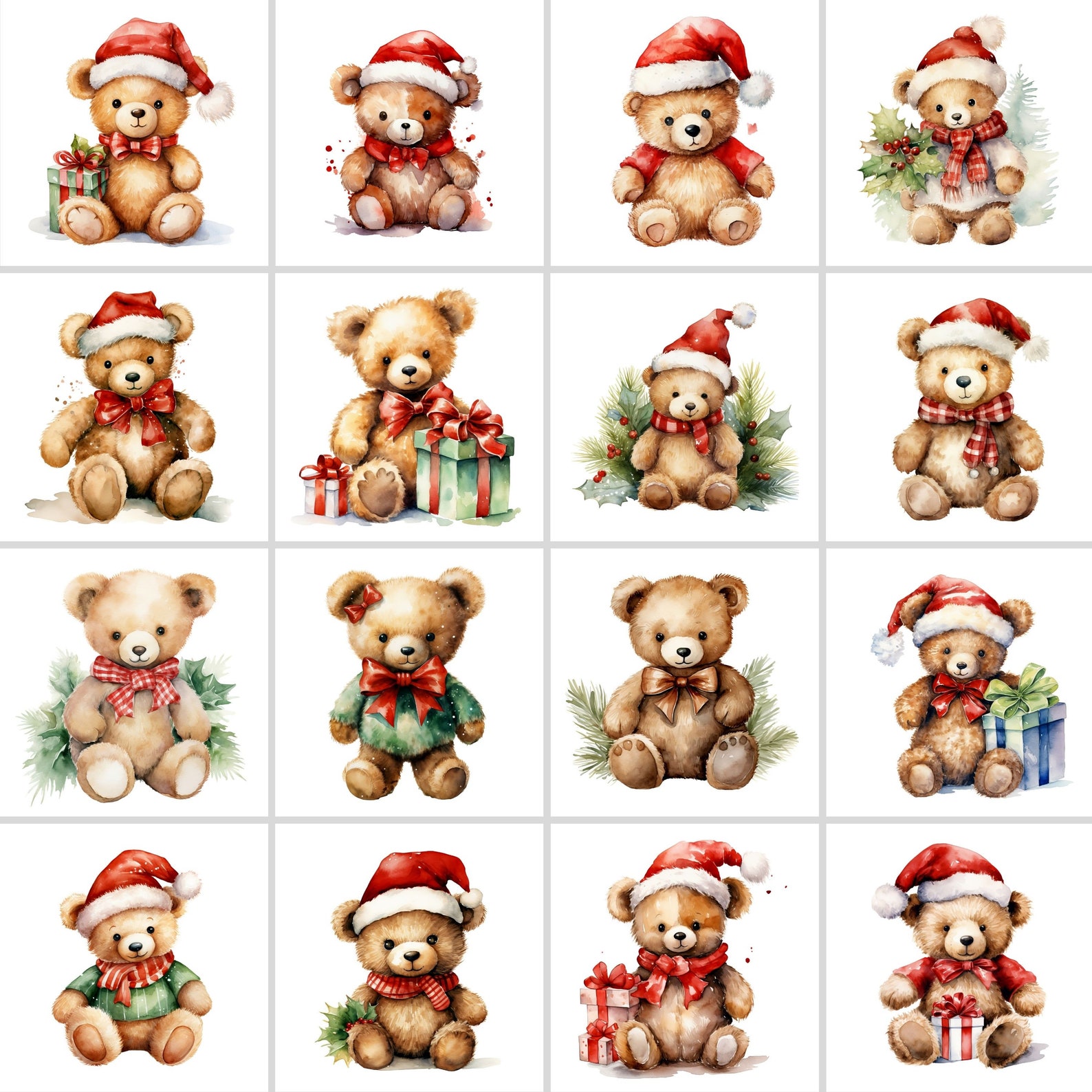 Teddy Bear Christmas Bundle Watercolor Christmas Teddy Bundle ...
