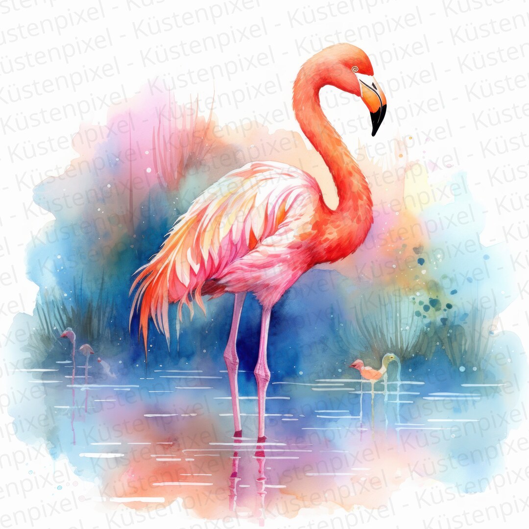 Flamingo Watercolor Clipart, Nursery Decor, Flamingo in Water, Water ...