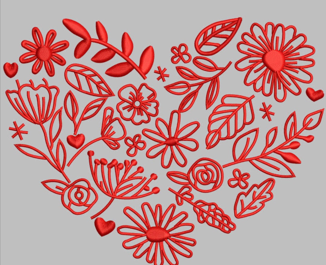 Heart Flower Embroidery Design | Valentines Heart Digital File | PES ...
