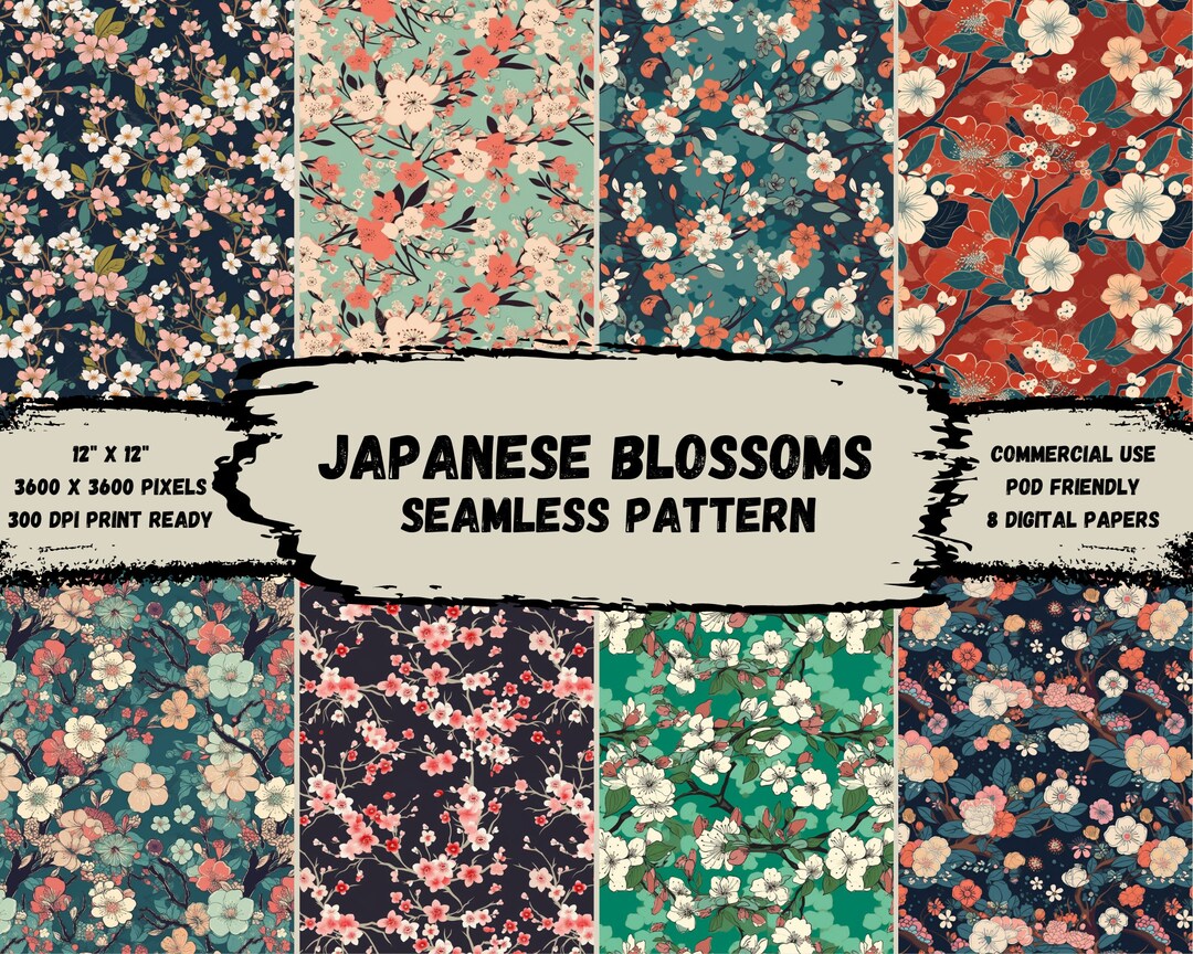 Japanese Blossoms Digital Paper - Set of 8 High-quality Printable ...