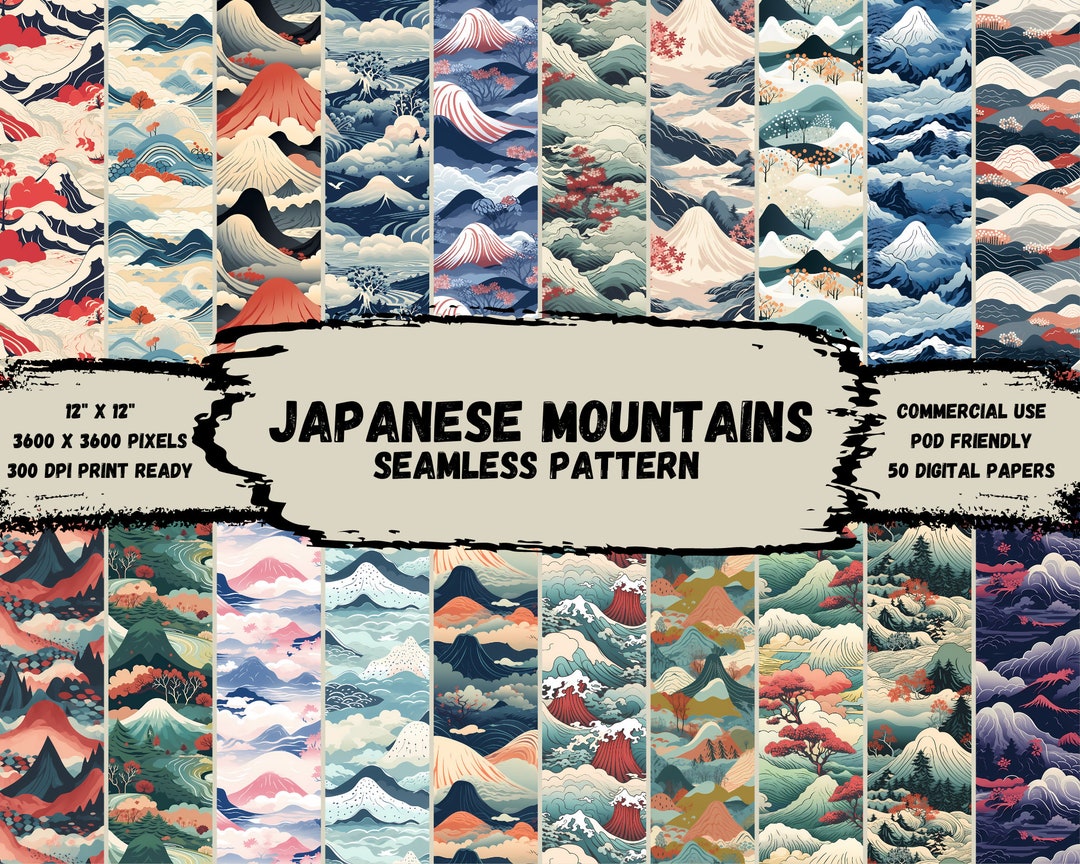 Japanese Mountains Pattern Bundle, 50 Digital Papers, Printable ...