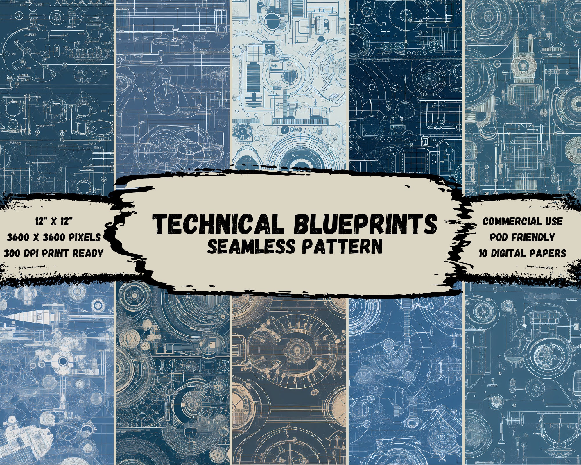 Technical Blueprints Digital Paper - Set of 20 High-quality Printable ...