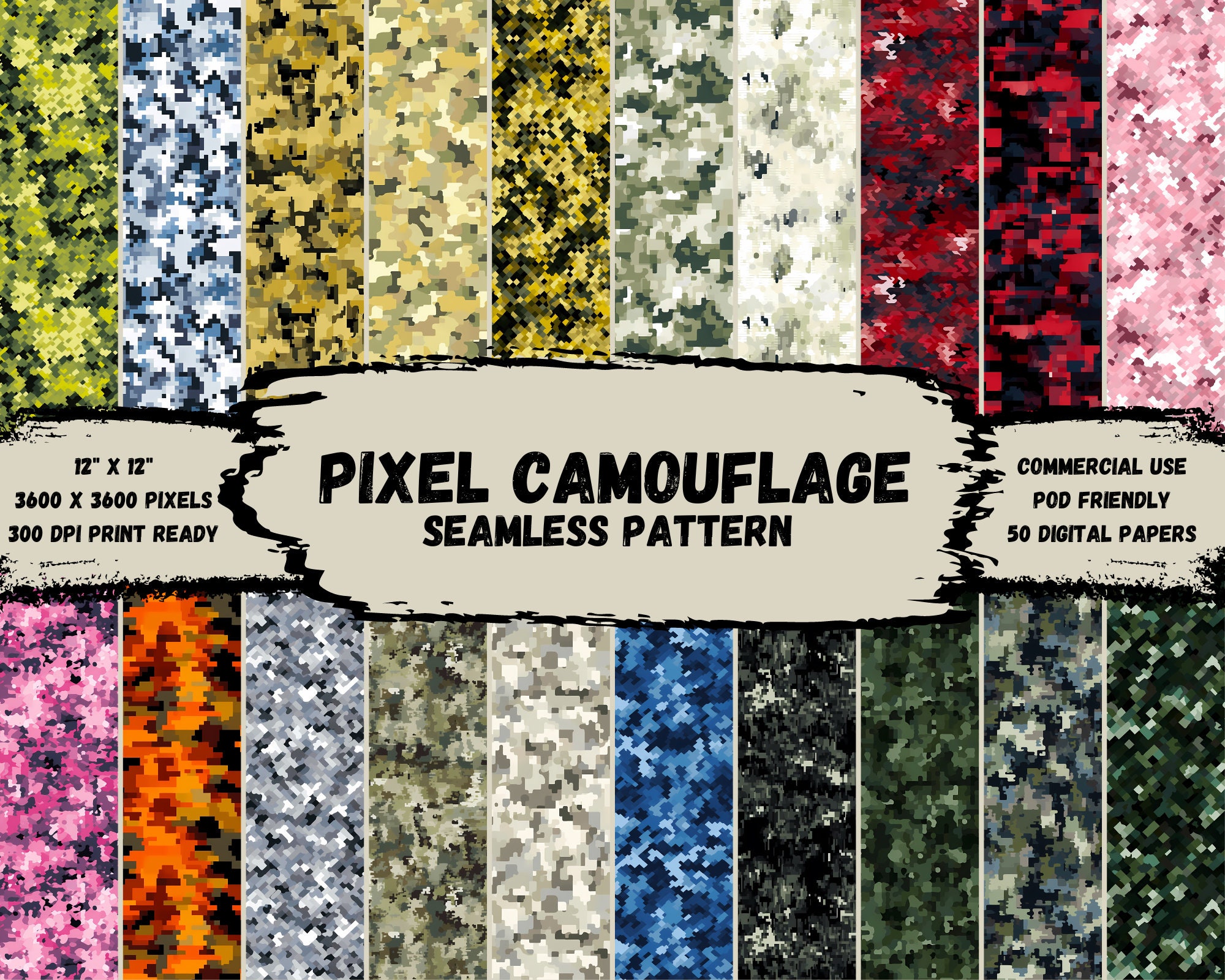 Pixel Camouflage Pattern Bundle, 50 Digital Papers, Printable, Instant ...