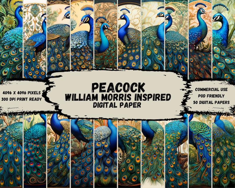 William Morris Inspired Peacock Digital Paper Bundle, 50 Digital Papers ...