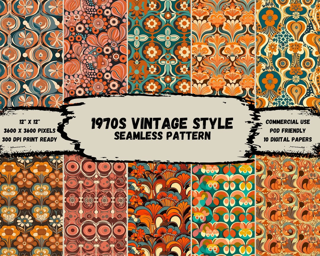 1970 Vintage Style Digital Paper - Set of 10 High-quality Printable ...