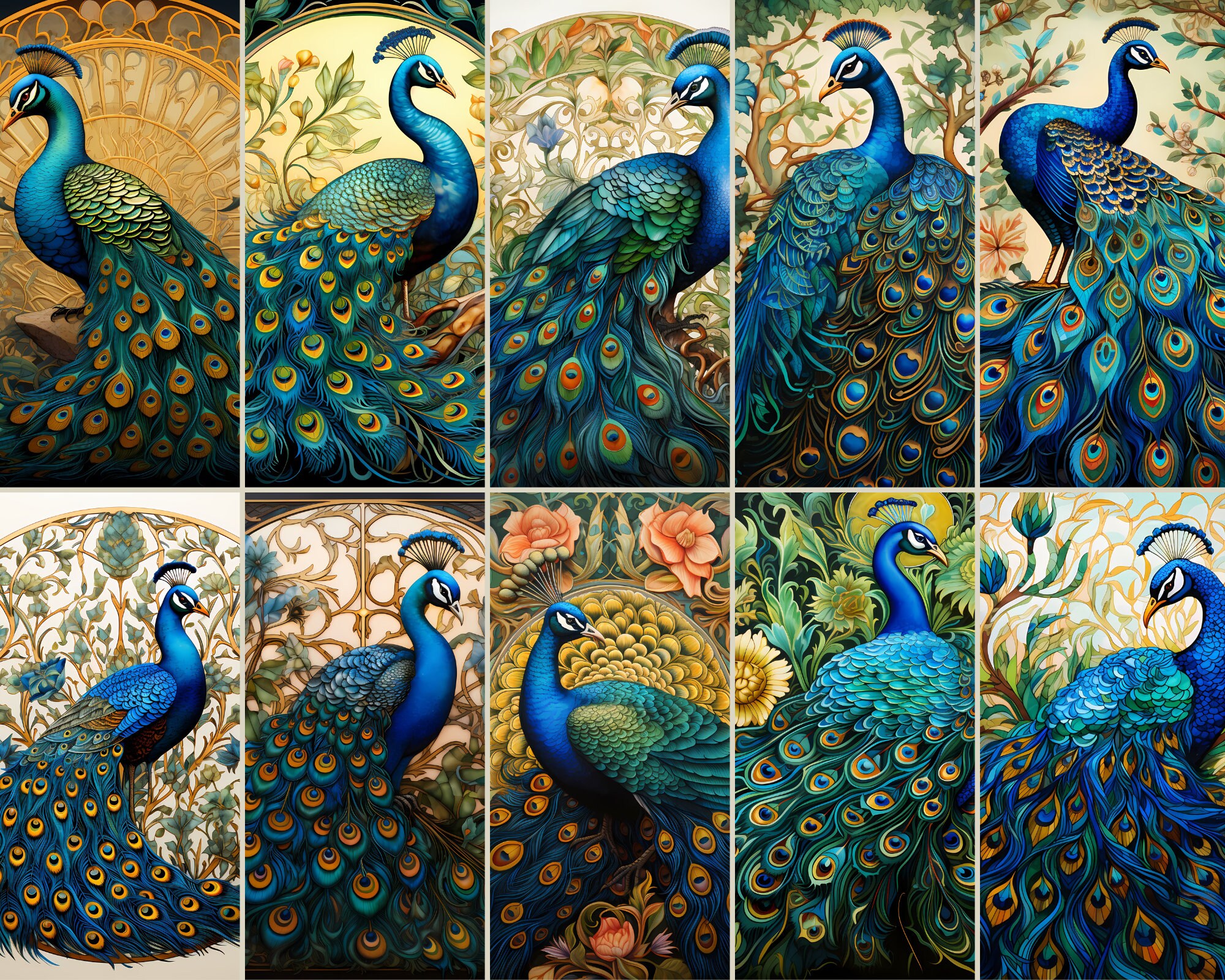 William Morris Inspired Peacock Digital Paper Bundle, 50 Digital Papers ...