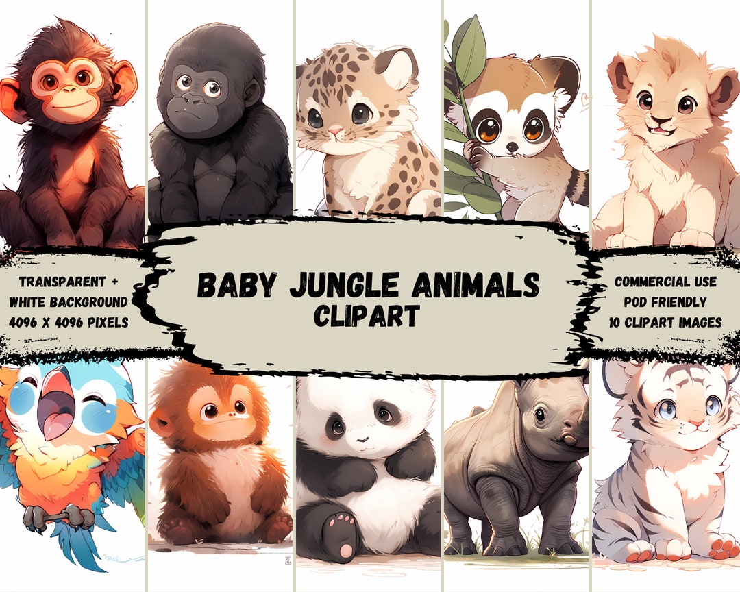 Baby Jungle Animals Clipart - 10 High Quality Pngs, Wall Art, Scrapbook ...