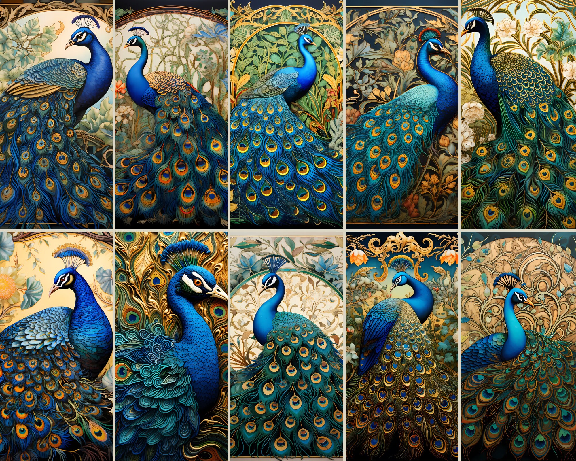 William Morris Inspired Peacock Digital Paper Bundle, 50 Digital Papers ...