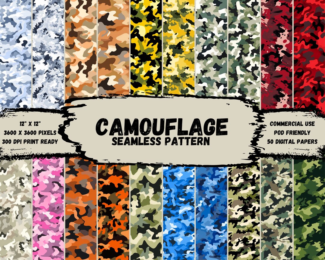 Camouflage Pattern Bundle, 50 Digital Papers, Printable, Instant ...