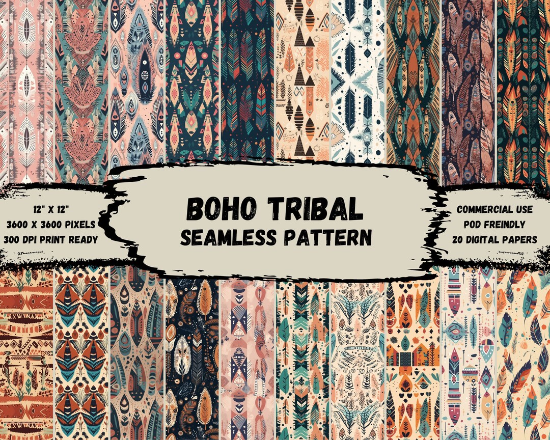 Boho Tribal Seamless Digital Paper - Set of 20 High-quality Printable ...