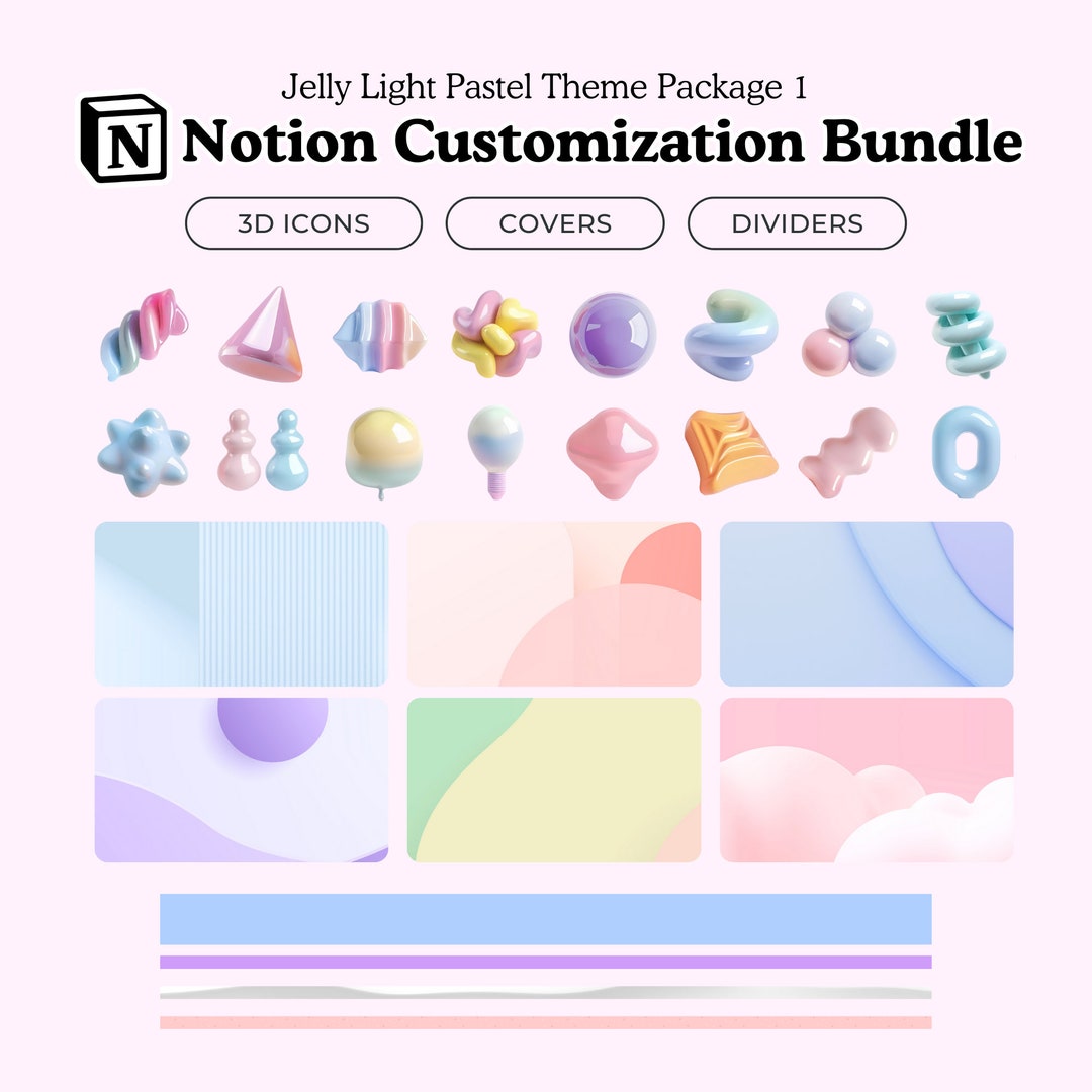 Notion Customization Bundle Notion Covers Icons Dividers Pastel Aesthetic Color Theme Jelly ...