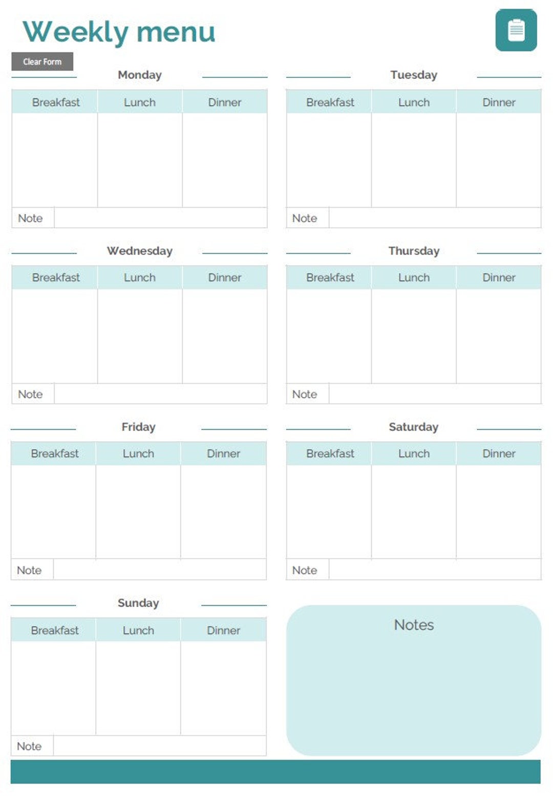 Weekly Menu & Grocery List FILLABLE PDF Instant Download - Etsy