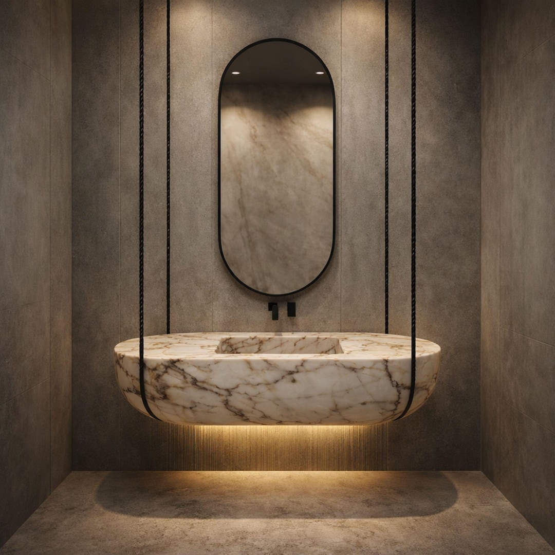 Suspended Calacatta Viola Marble Sink, Chain Mounted Floating Vanity ...