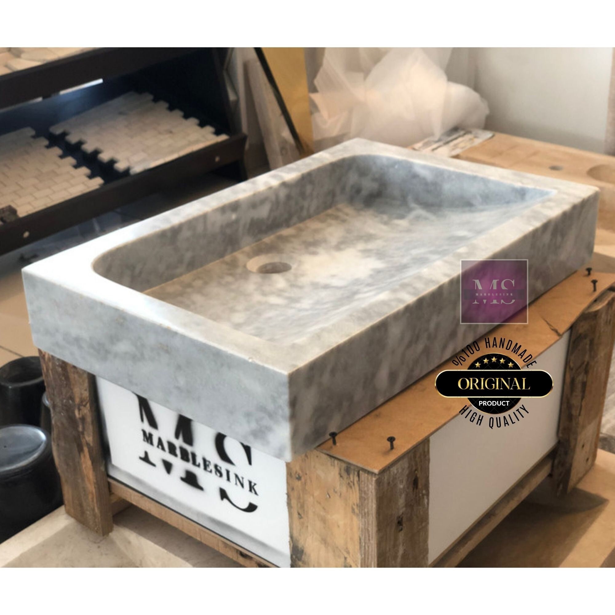 Gray White Marble Sink Rectangle Marble Sink Marble Powder Room Sink ...