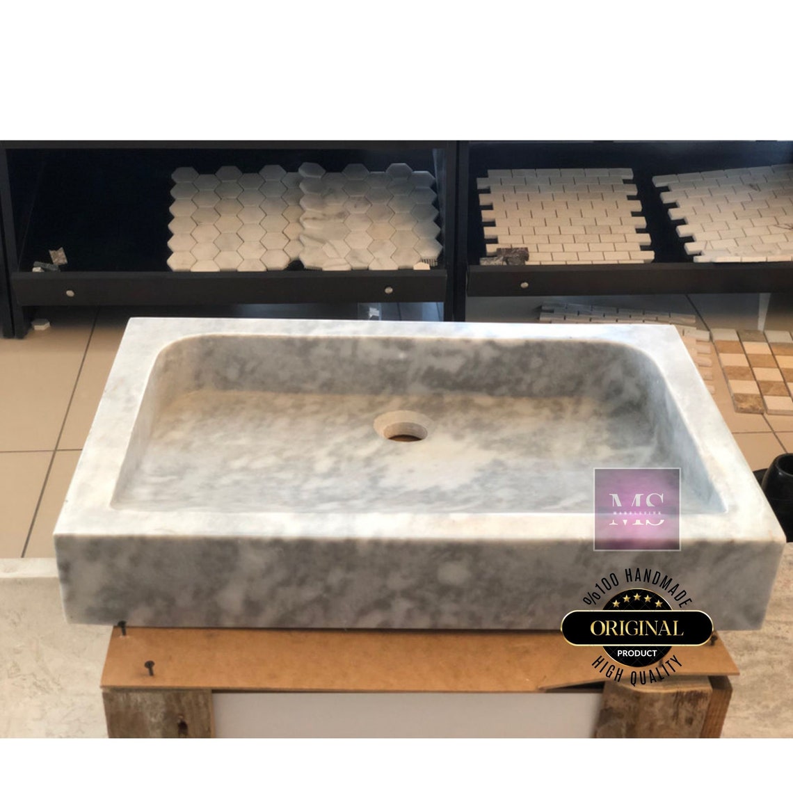Gray White Marble Sink Rectangle Marble Sink Marble Powder Room Sink ...
